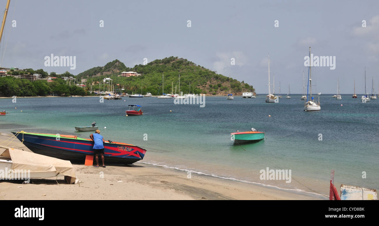 Blue sky view green hill, yachts, sea, man standing boat lying beach ...