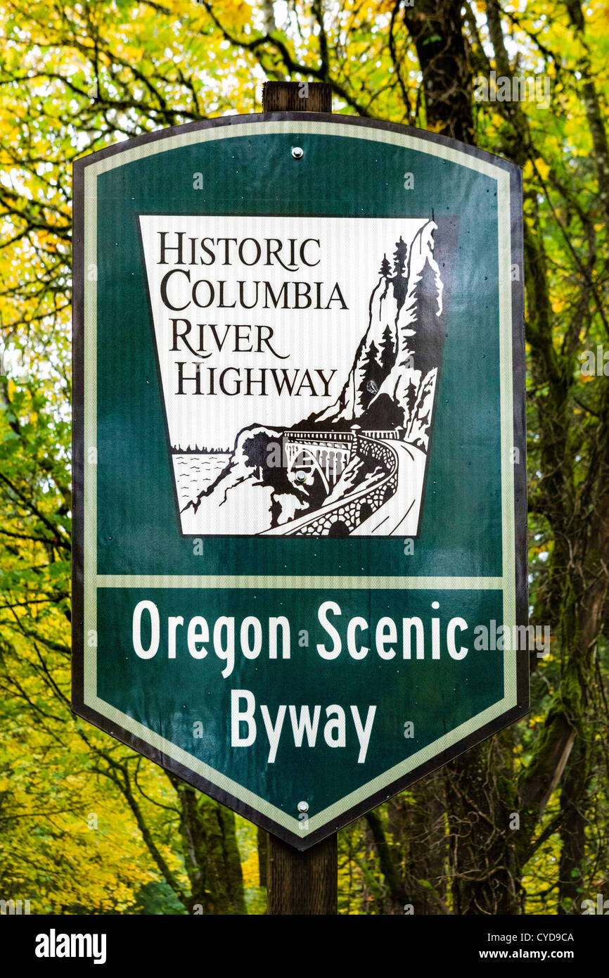 Road sign on US 30, the historic Columbia River Highway, Columbia River ...