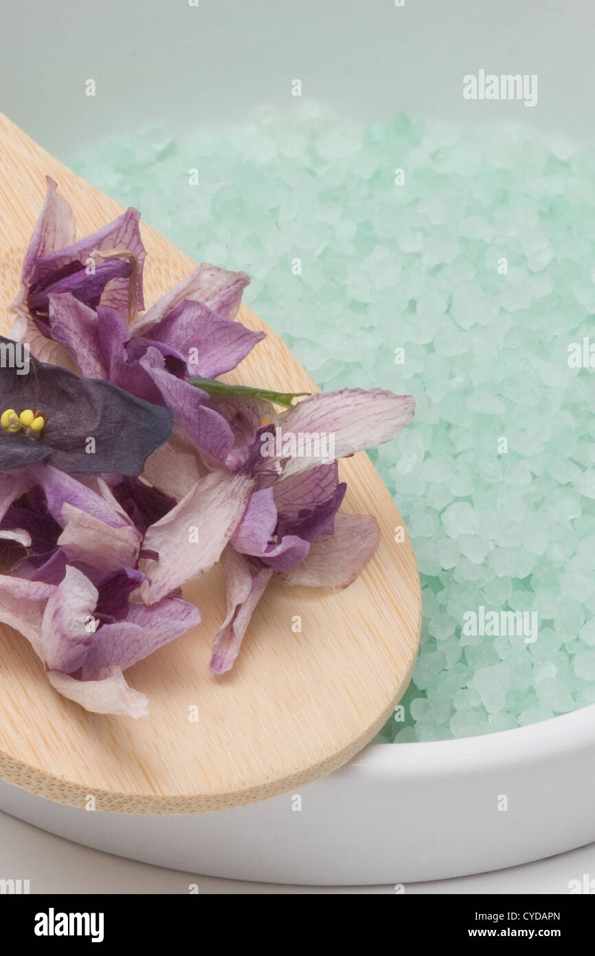Dried Violets and Orchids with Mineral Bath Soak Stock Photo - Alamy