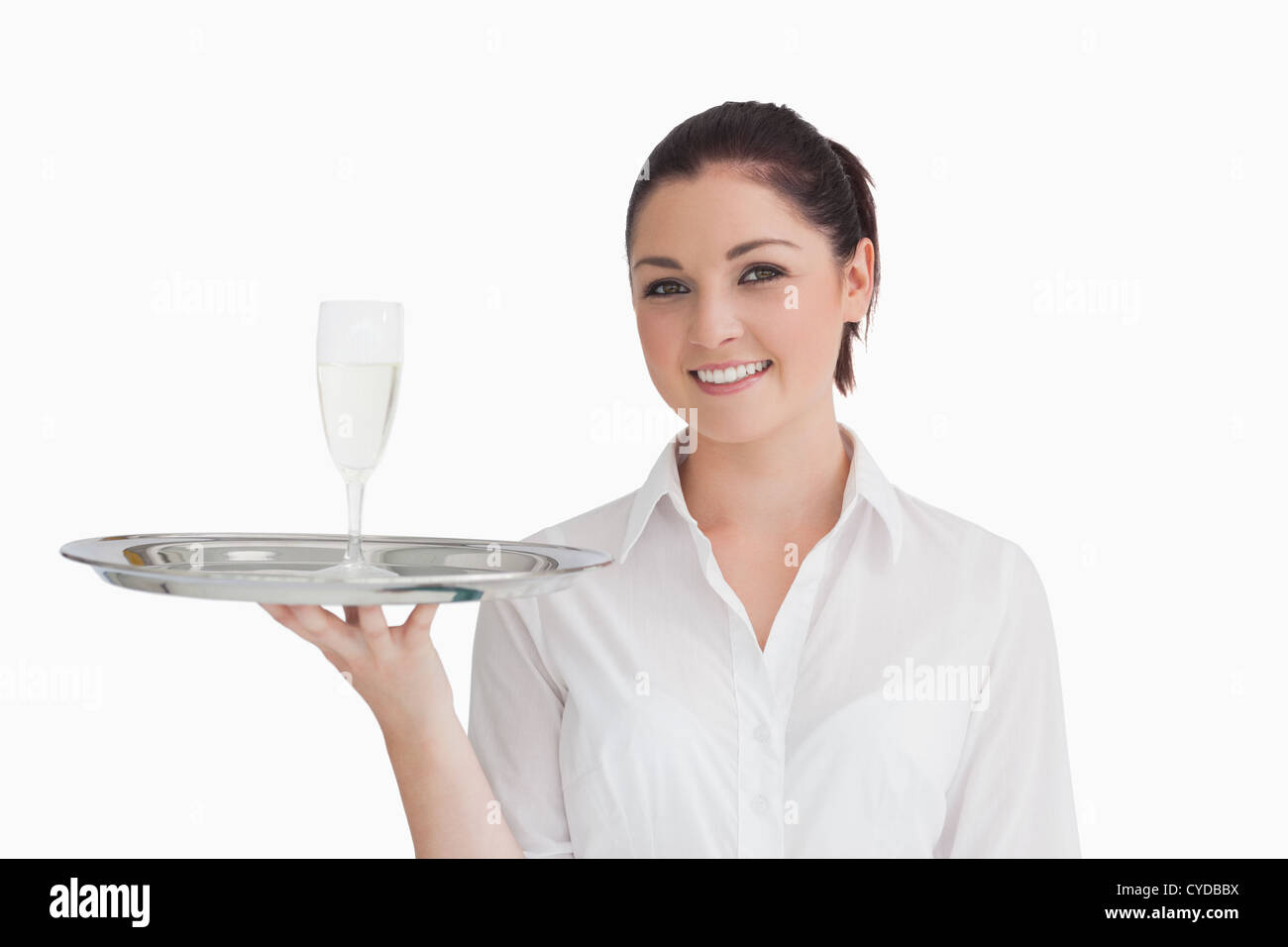 Waitress holding silver tray with glass Stock Photo - Alamy