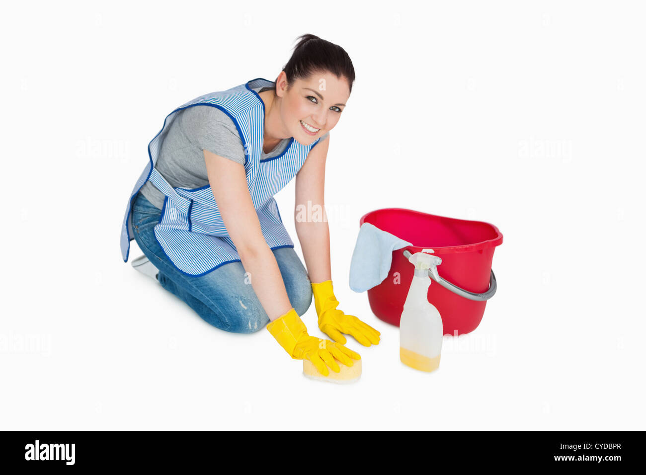 Smiling cleaning woman washing the floor Stock Photo - Alamy