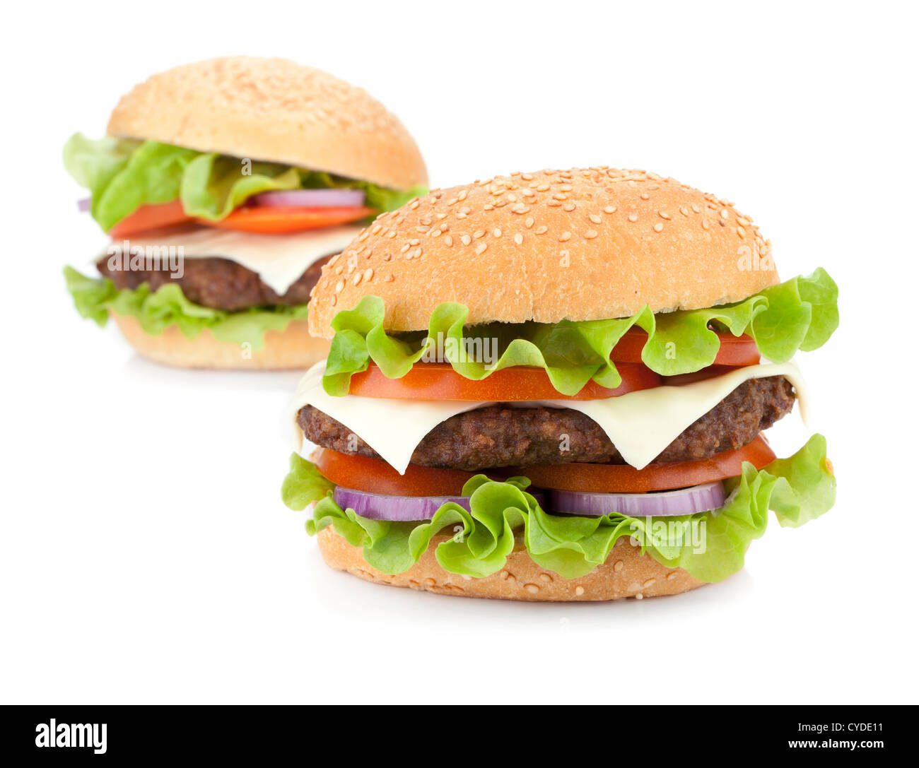 Two fresh burgers. Isolated on white background Stock Photo - Alamy