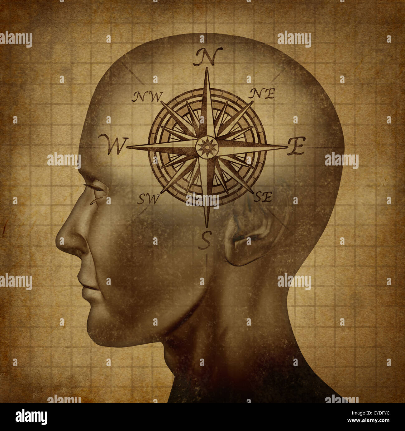 Moral compass and career path concept with a human head and a compass ...