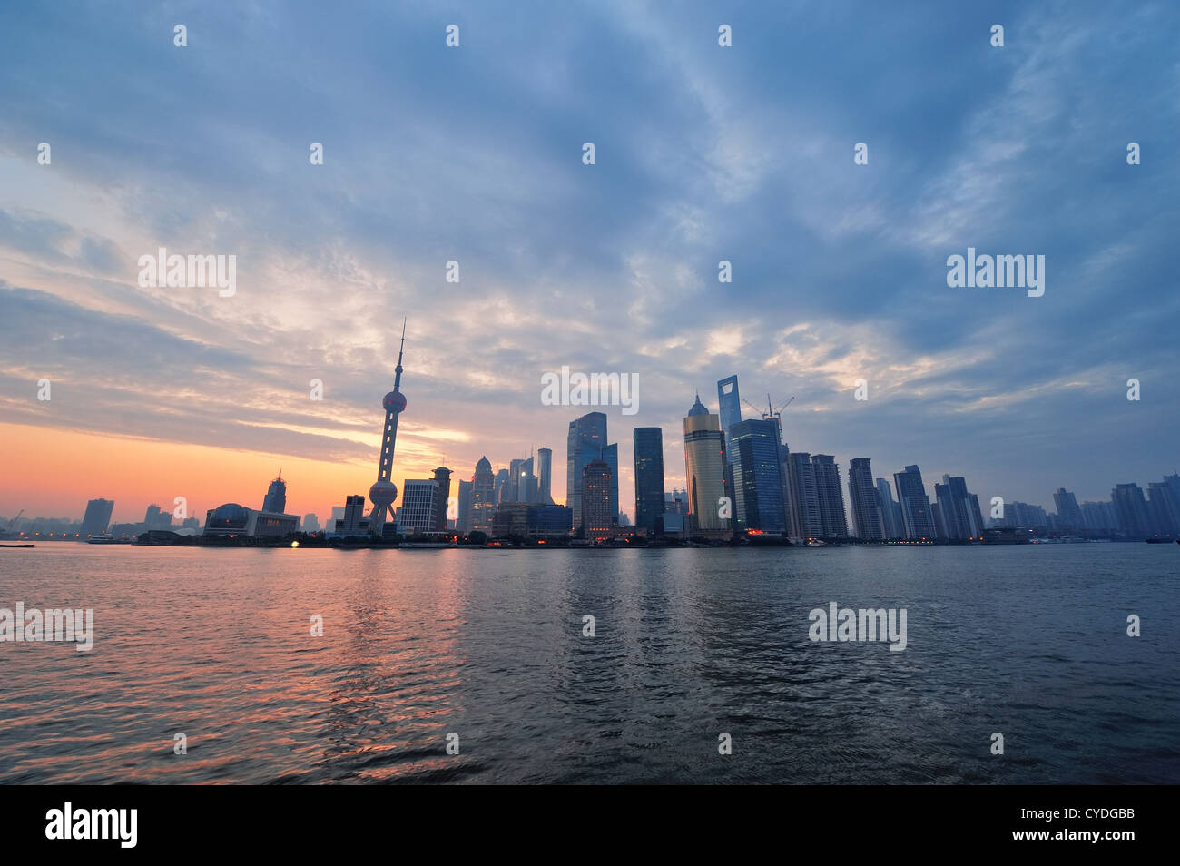 Shanghai morning before sunrise with city skyline and colorful sky over ...