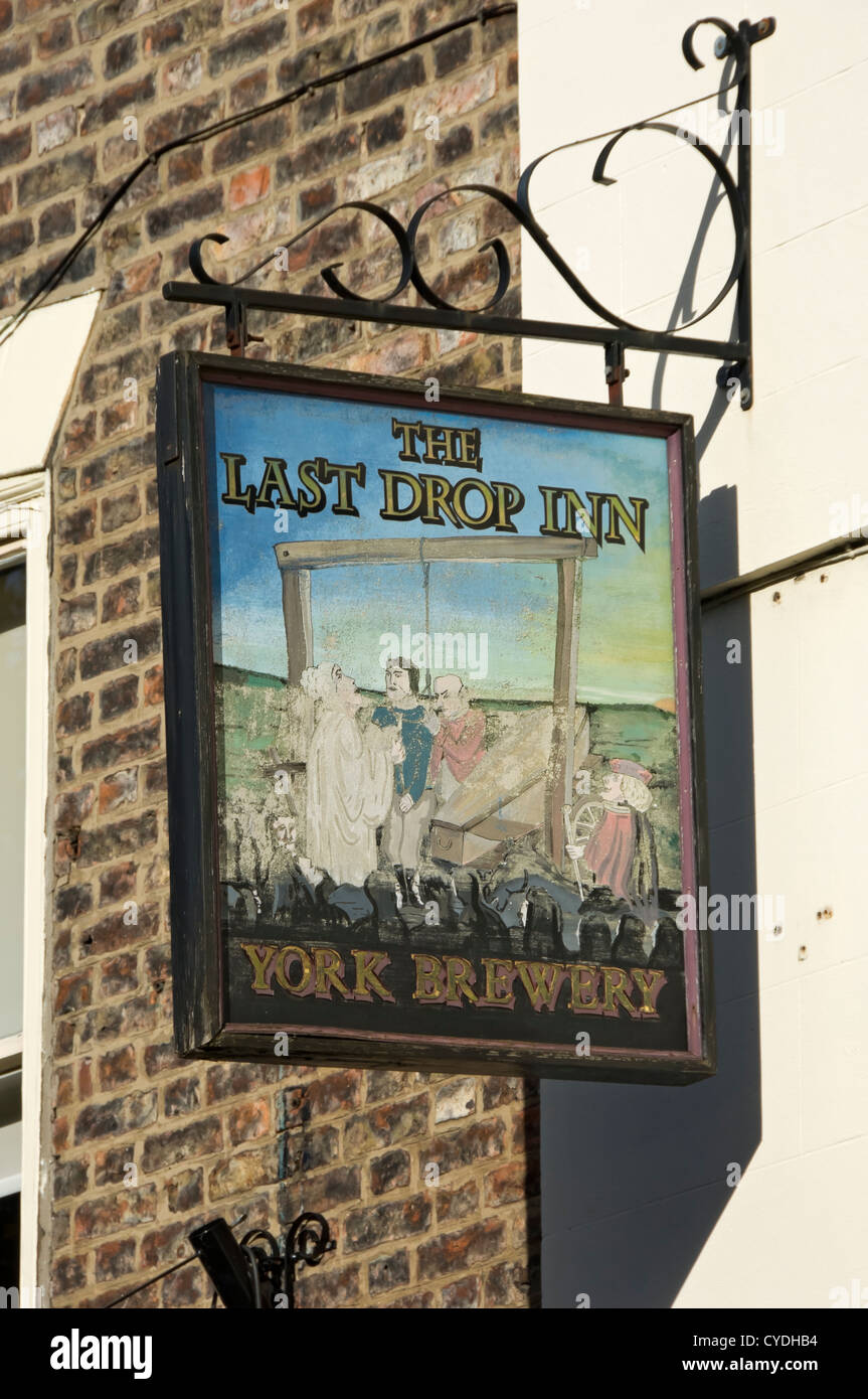 Close up of The Last Drop Inn pub sign signage exterior York North ...