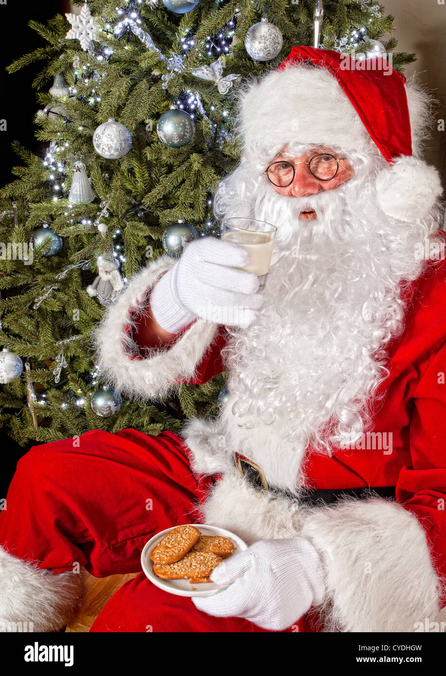 Santa claus in front of a christmas tree eating cookies and milk Stock ...