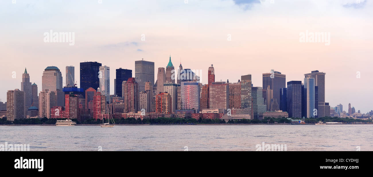 New York City Manhattan downtown skyline at sunset over Hudson River panorama Stock Photo - Alamy