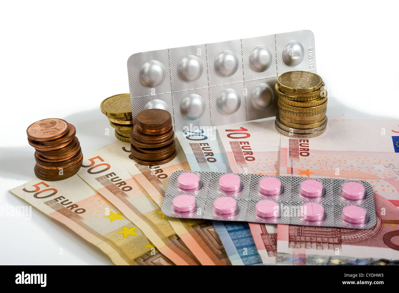 Medicines, tablets, pills and euro coins with paper money Stock Photo ...
