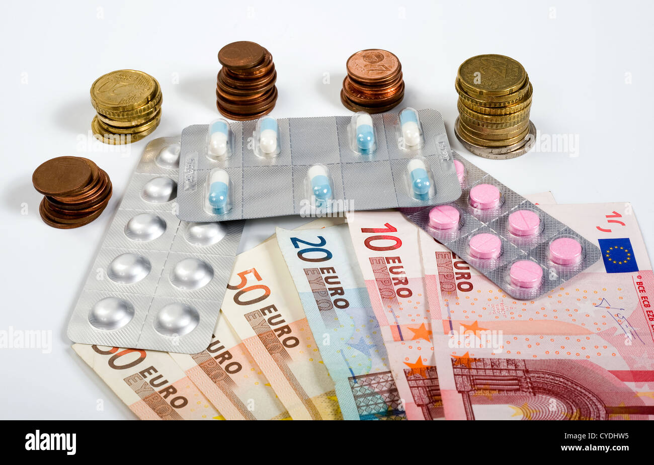 Medicines, tablets, pills and euro coins with paper money Stock Photo ...