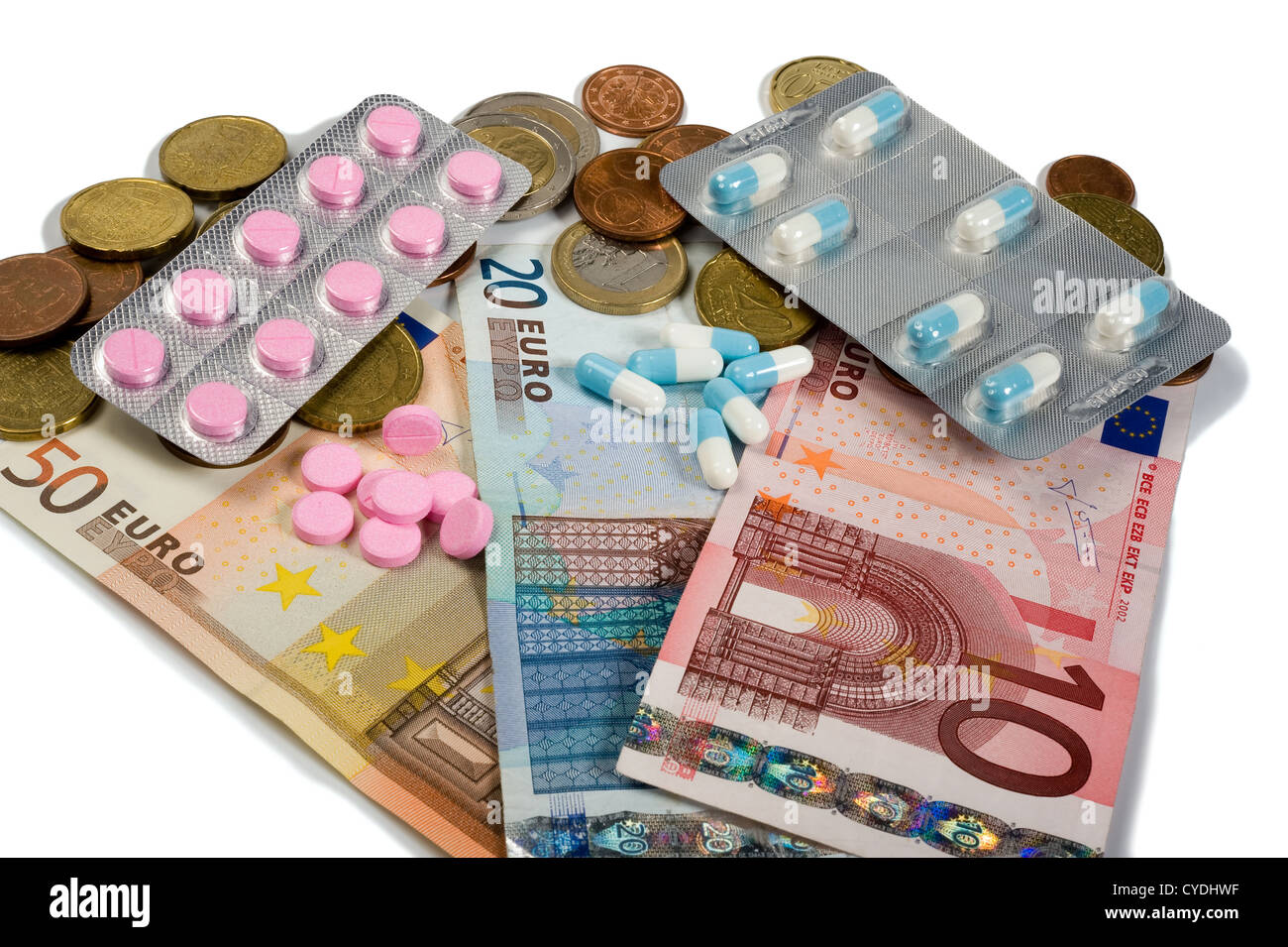 Medicines, tablets, pills and euro coins with paper money Stock Photo ...