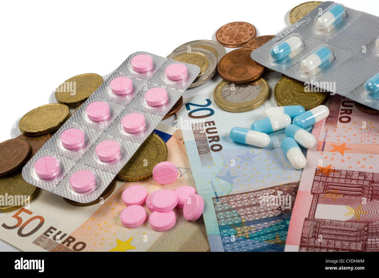 Medicines, tablets, pills and euro coins with paper money Stock Photo ...