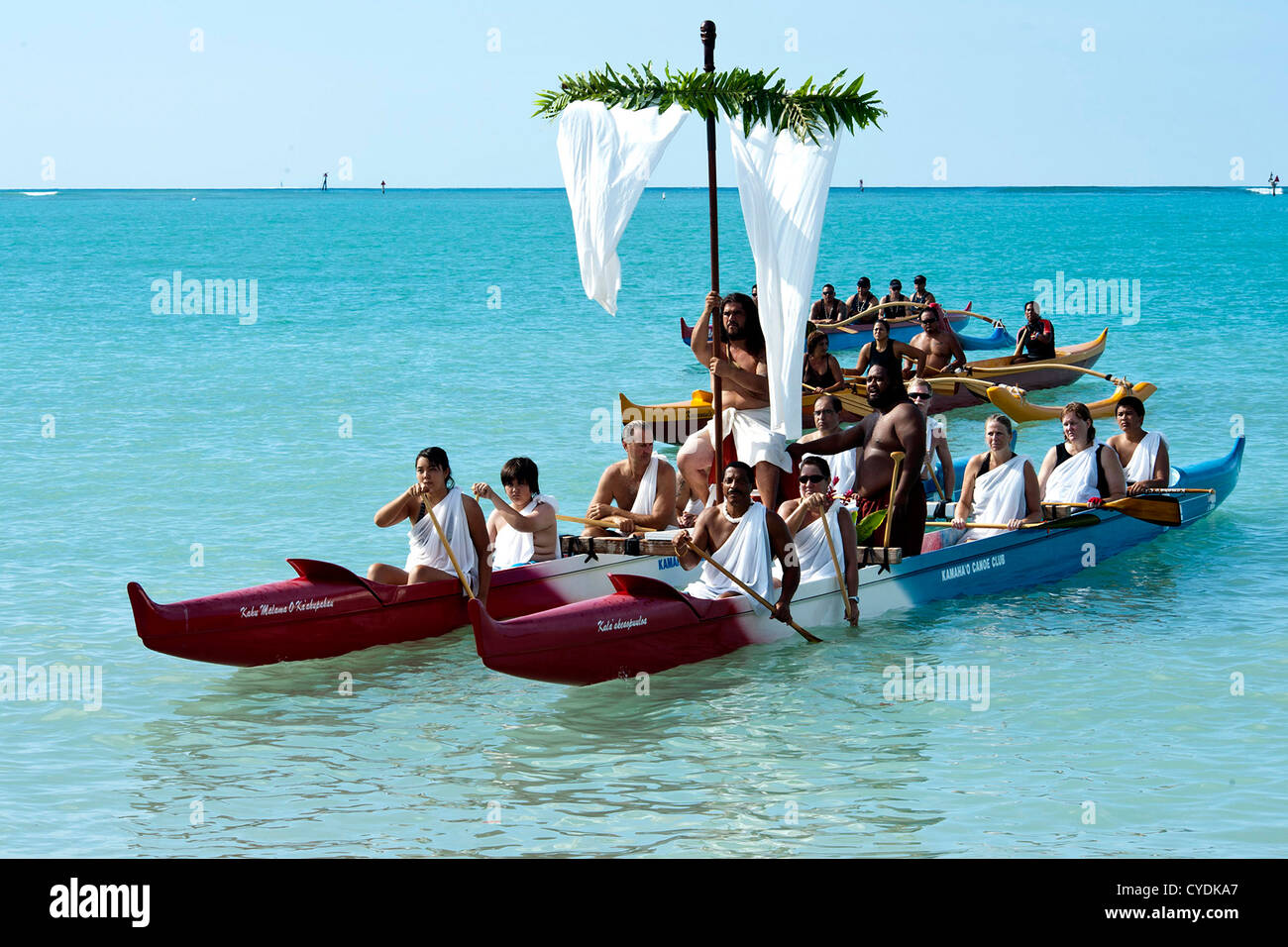 A traditional outrigger boat carries participants in the Makahiki ...