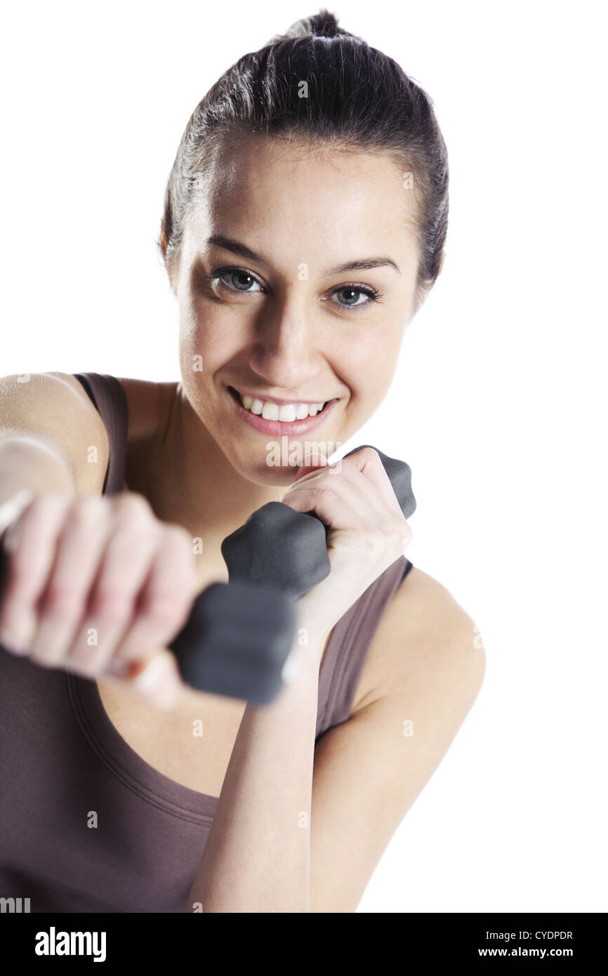 Woman fitness with dumbbells isolated on white Stock Photo - Alamy