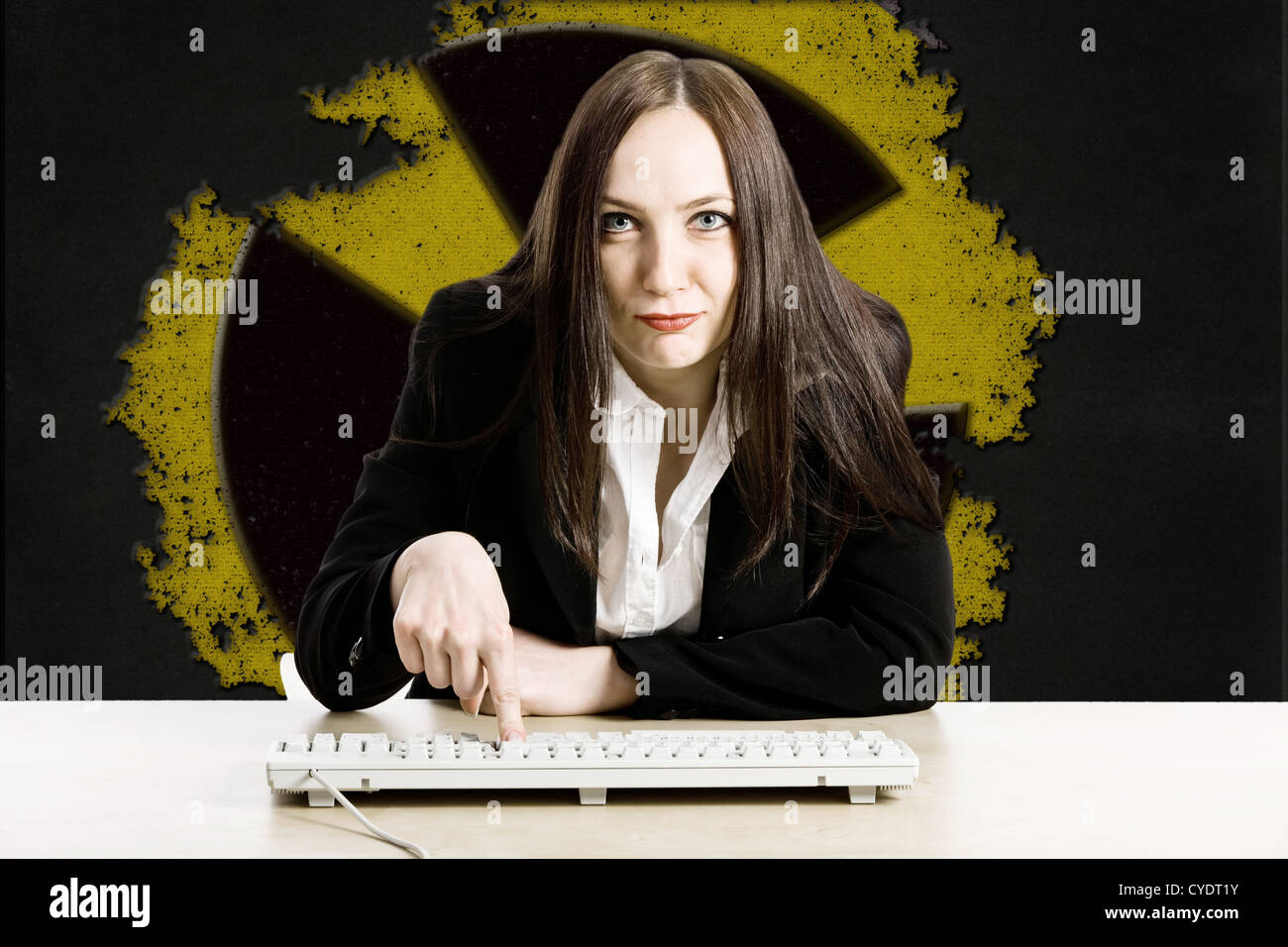 photo of woman pushing the botton for the nuclear destruction Stock ...