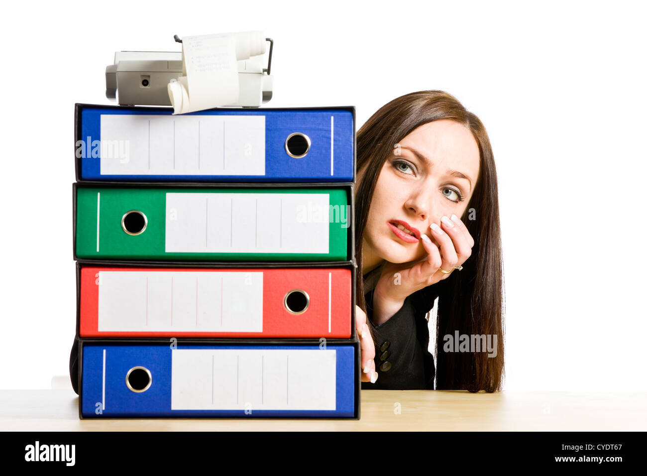 conceptual photo of female employee looking her work pile Stock Photo ...