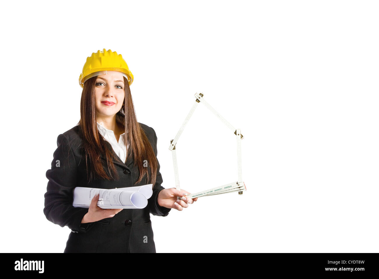 photo of young female architect with helmet and plans Stock Photo - Alamy