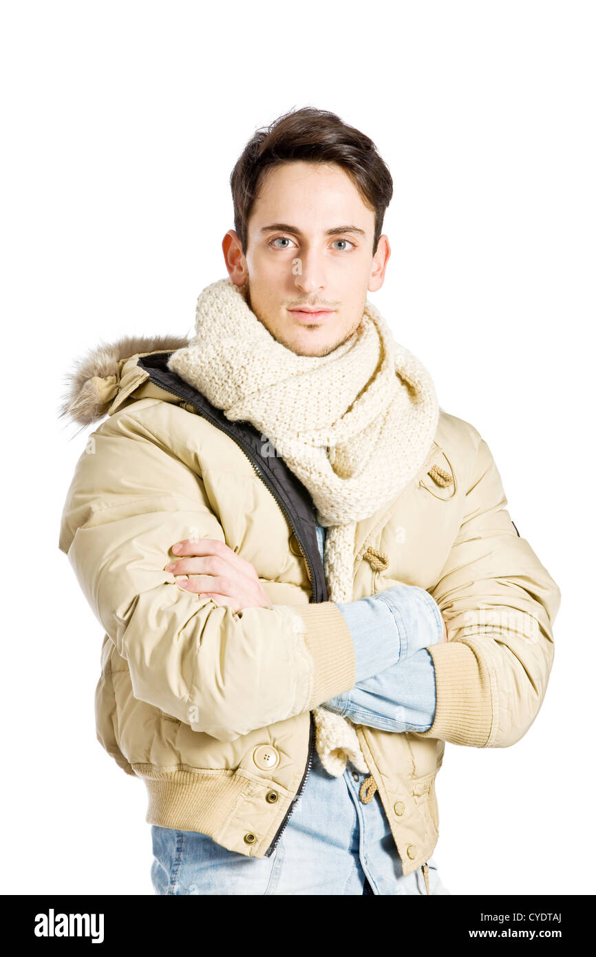 photo of young man wearing winte clothes on white background Stock ...