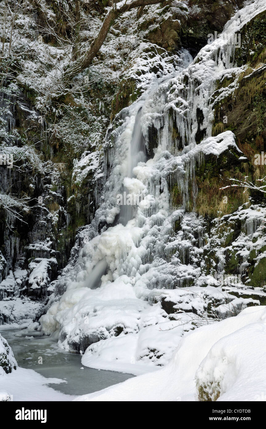Grey Mares Tail, frozen waterfall in winter snow, Galloway Forest Park ...