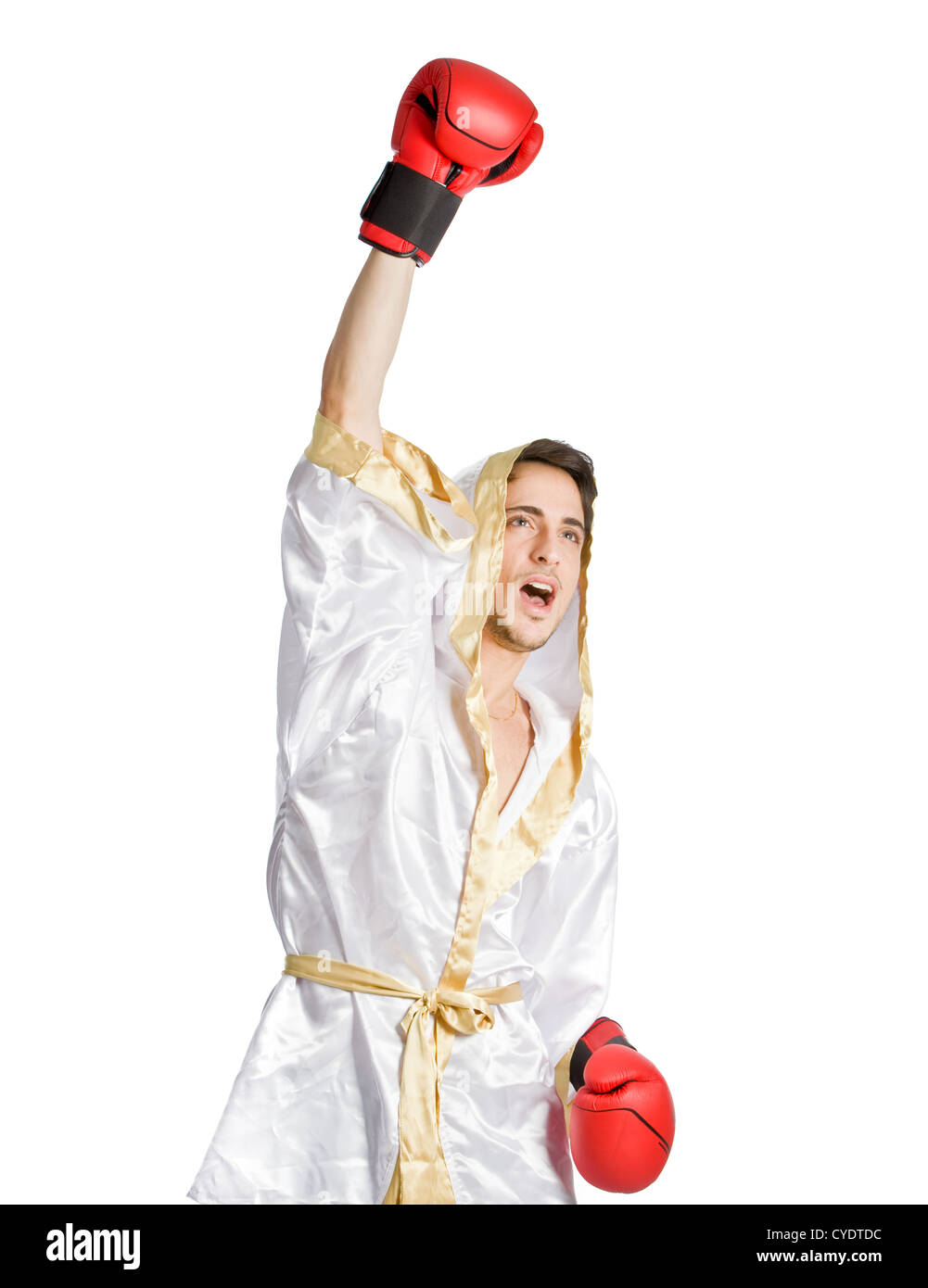 photo of boxer who has won the fight match holding is hands up Stock ...
