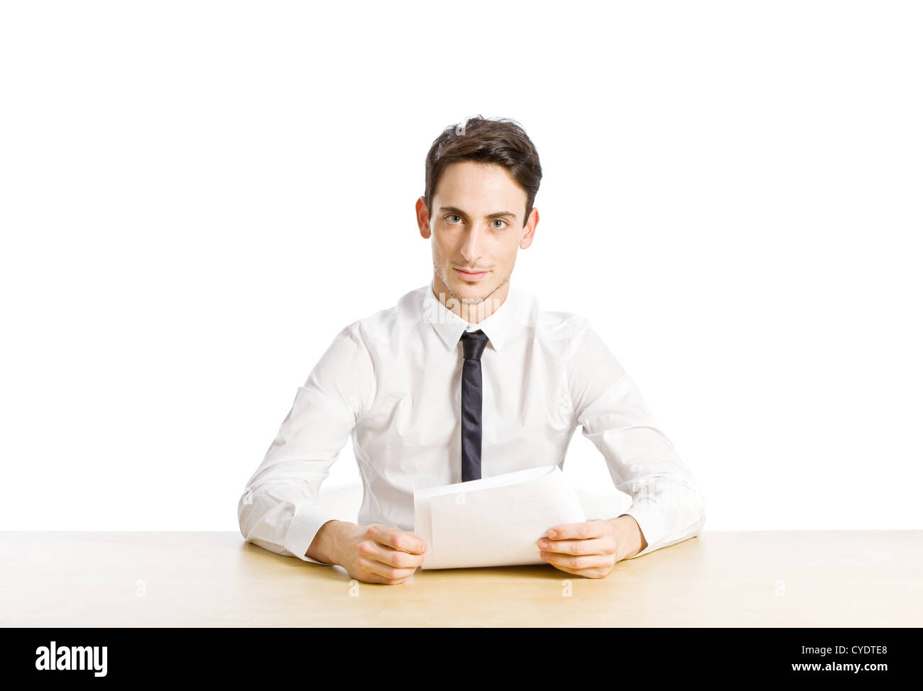 Conceptual photo of man sitting at his desk ready for job interview ...