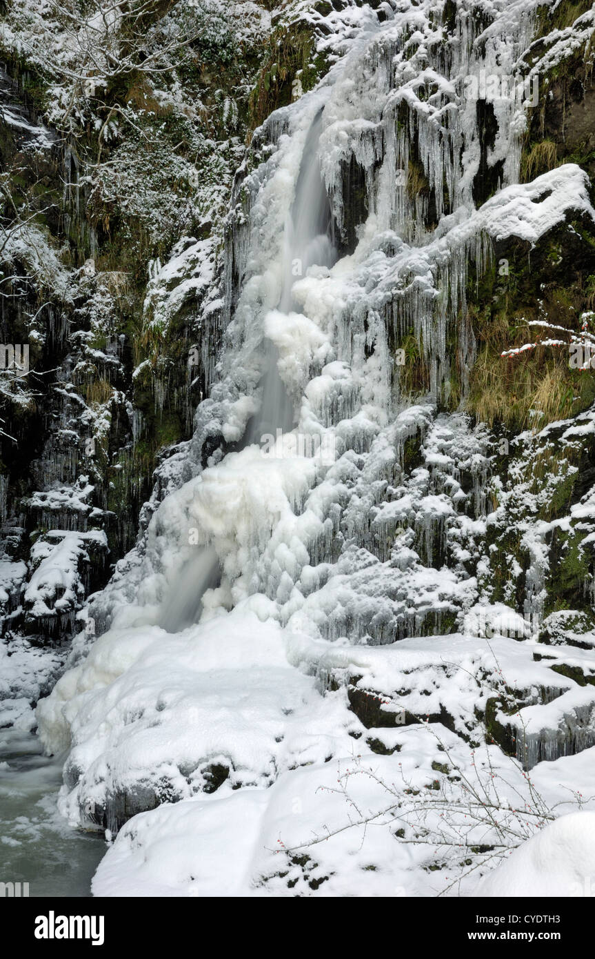 Grey Mares Tail, frozen waterfall in winter snow, Galloway Forest Park ...