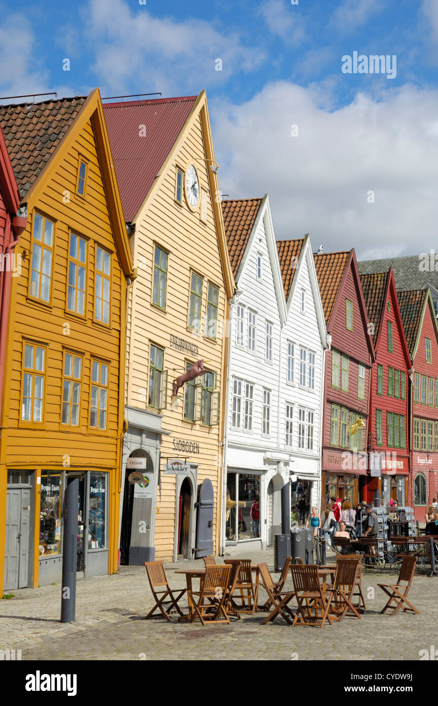 Wooden buildings on the waterfront, Bryggen, Vagen harbour, Bergen ...