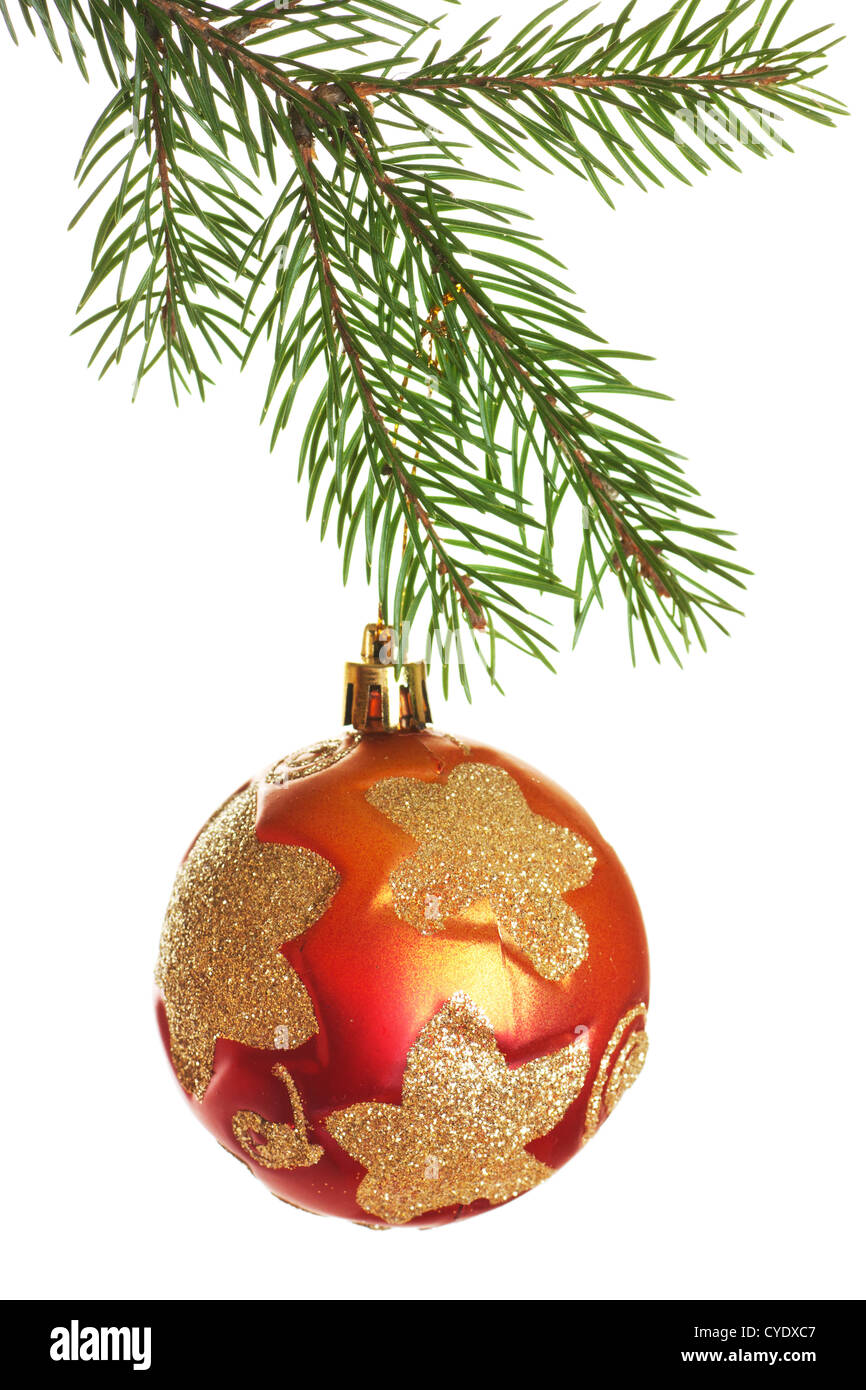 Christmas ball on fir branch isolated over white background Stock Photo ...