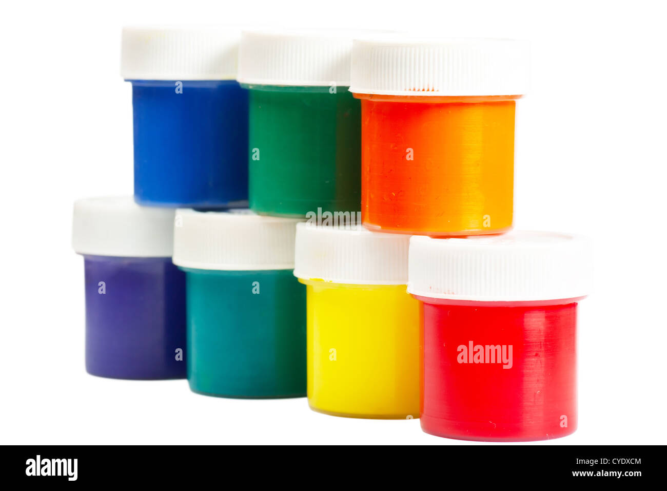 Closeup view colorful cans with gouache. Rainbow colors Stock Photo - Alamy