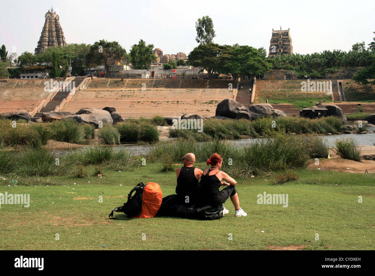 Hampi temple and steps to tungabhadra river hi-res stock photography ...