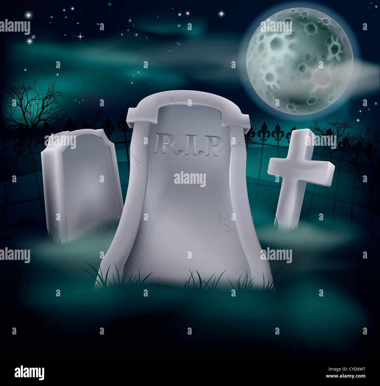 A Halloween spooky graveyard with graves that have RIP written on it ...