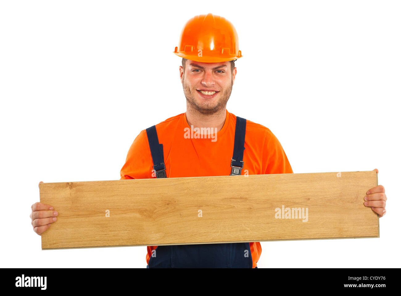 Happy builder man holding wood plank isolated on white background Stock ...