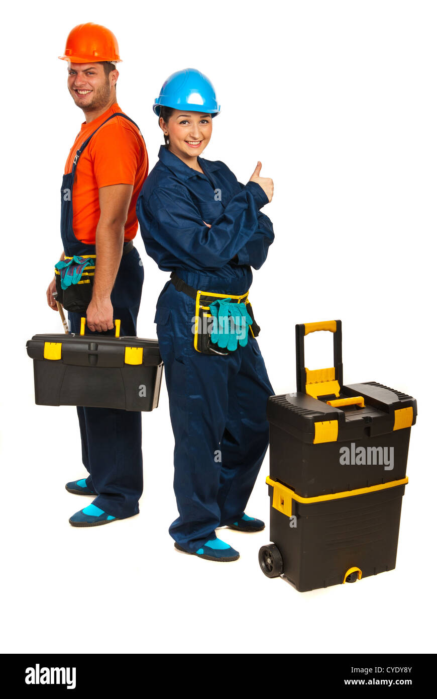 Successful team of builders with tools boxes isolated on white ...