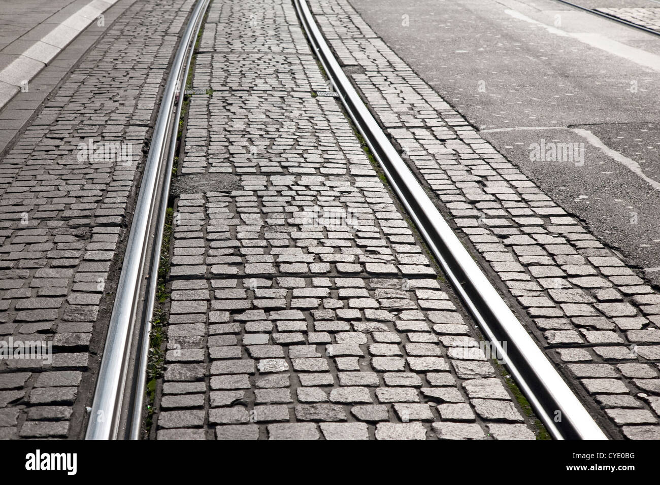 Tram Track on Cobbled Street Stock Photo - Alamy
