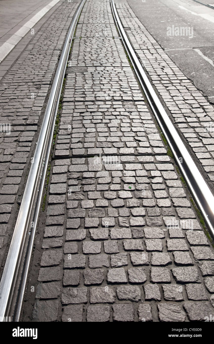 Tram Track on Cobbled Street Stock Photo - Alamy