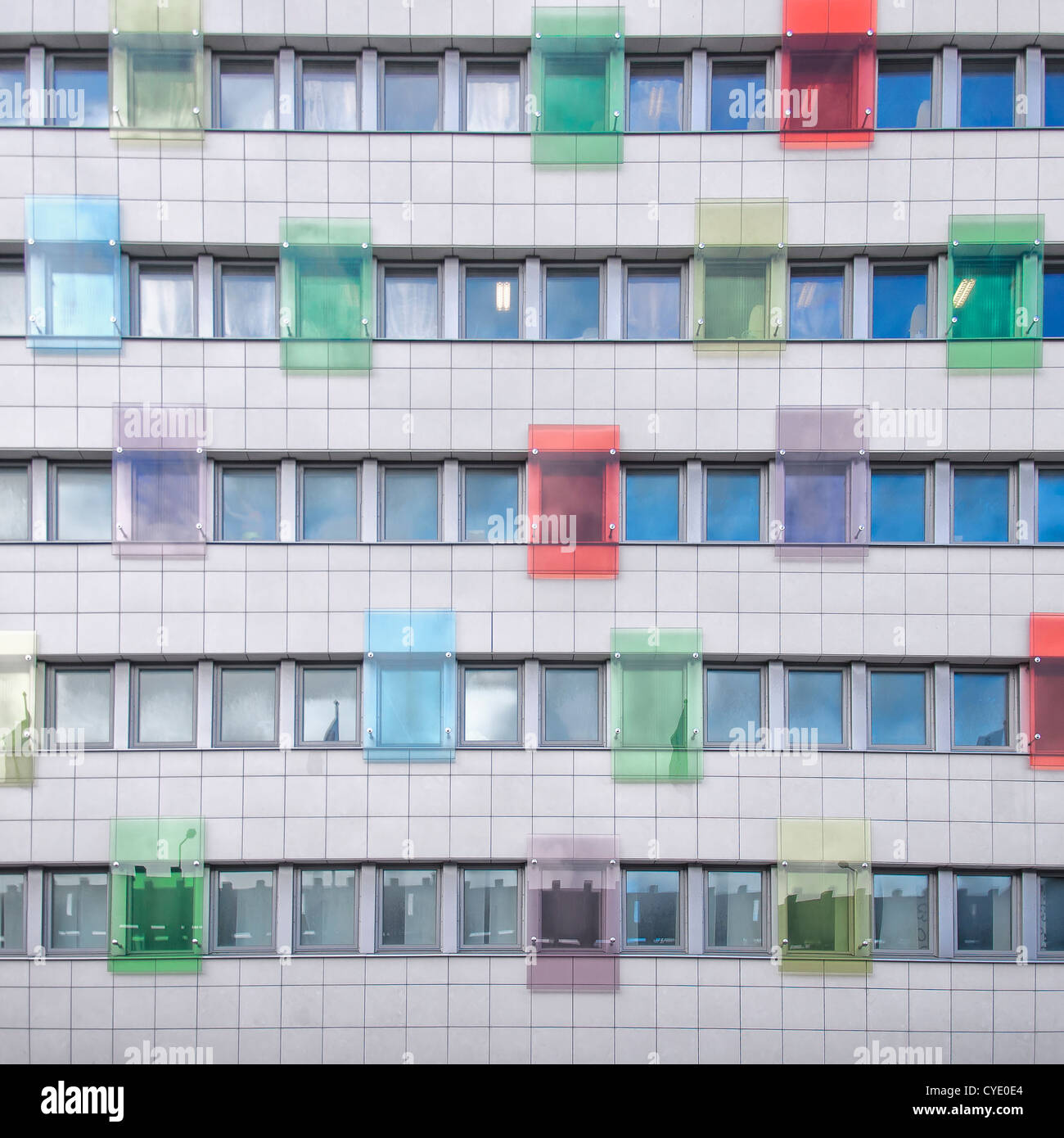 A straight on view of the facade of a modern office block situated in a ...