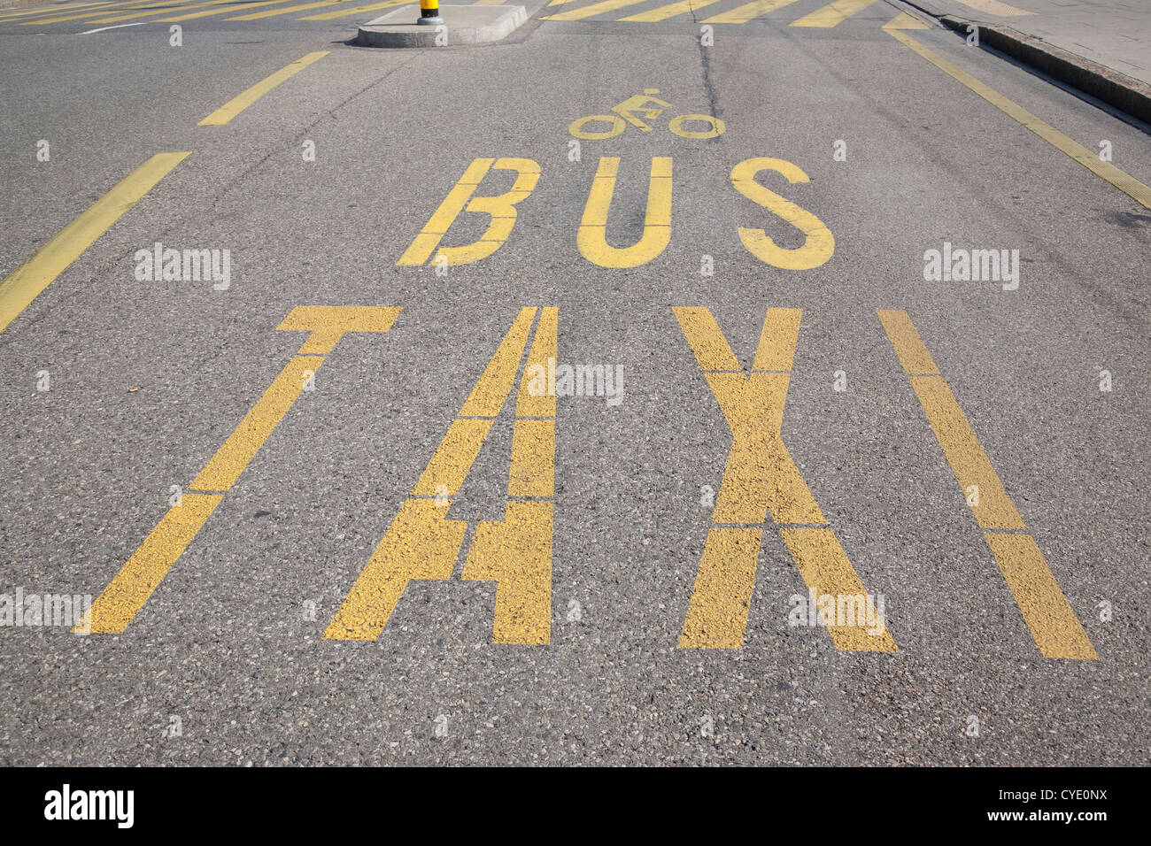 Bus, Taxi and Cycling Sign painted on Street Stock Photo - Alamy