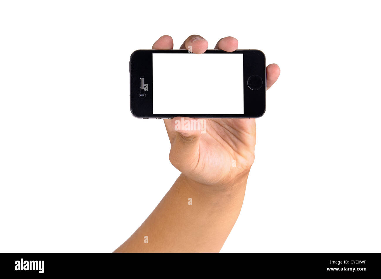 Hand with cellphone isolated in white Stock Photo - Alamy