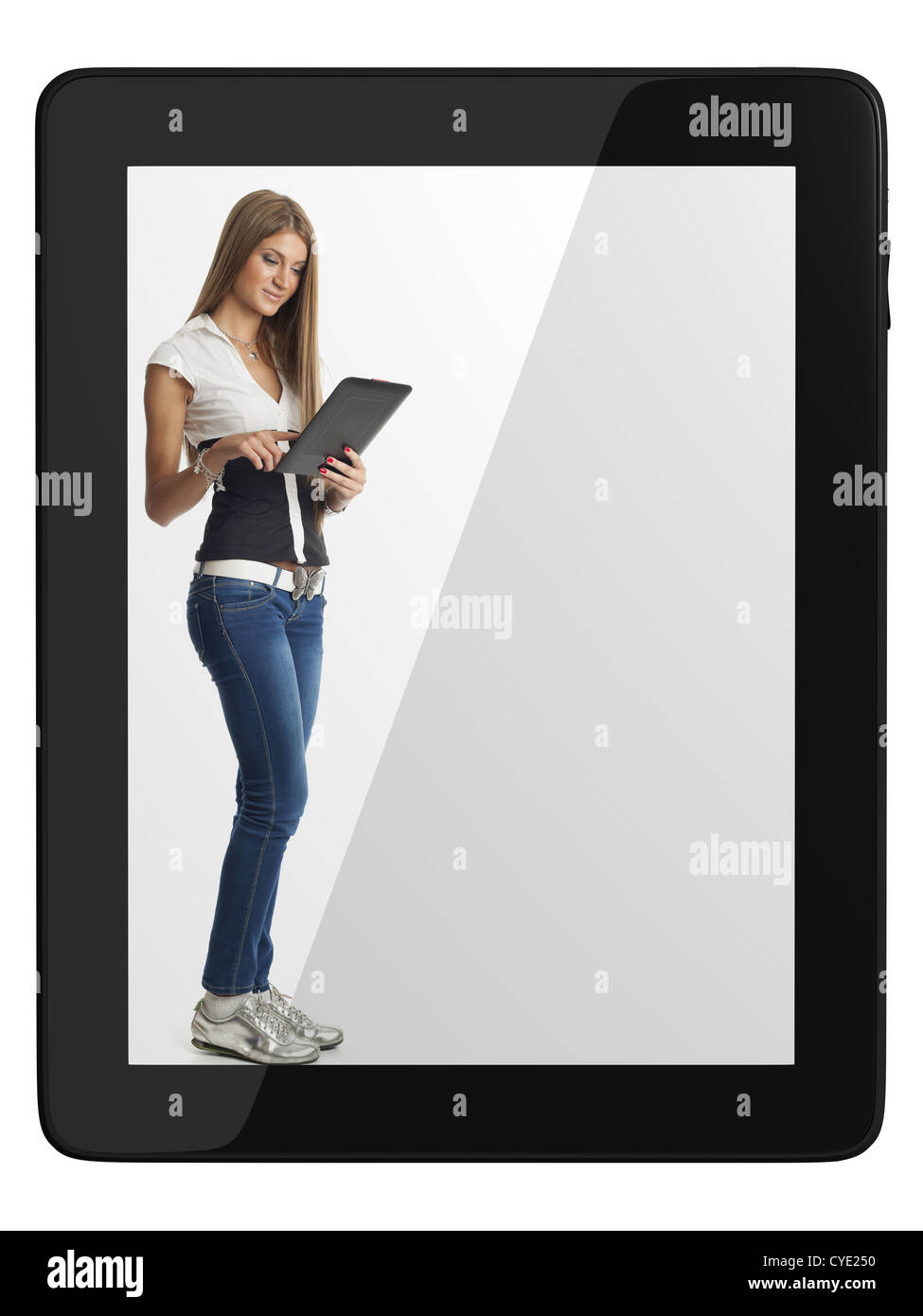 Beautiful Woman Communicate With Tablet Computer, isolate on white ...