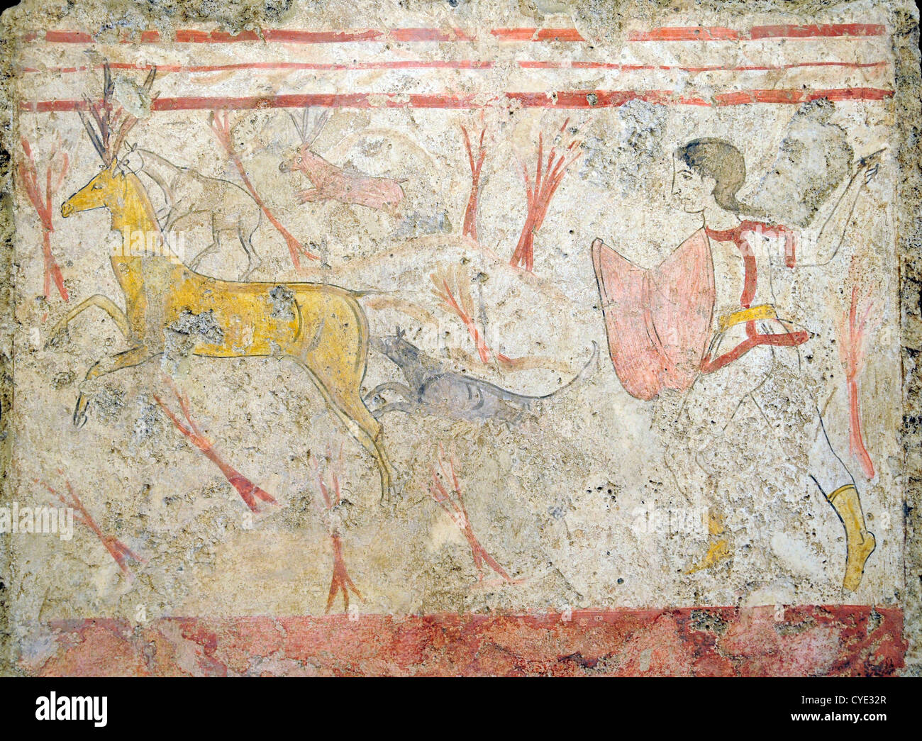 Hunt of the deer, Greek tomb slab c.370-360 BC, The museum at Paestum ...