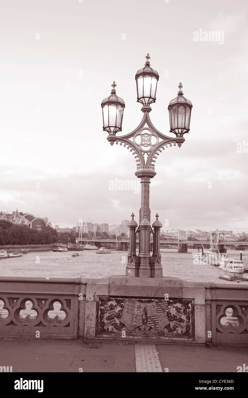 Westminster Bridge; Lamppost; London in Black and White Sepia Tone ...