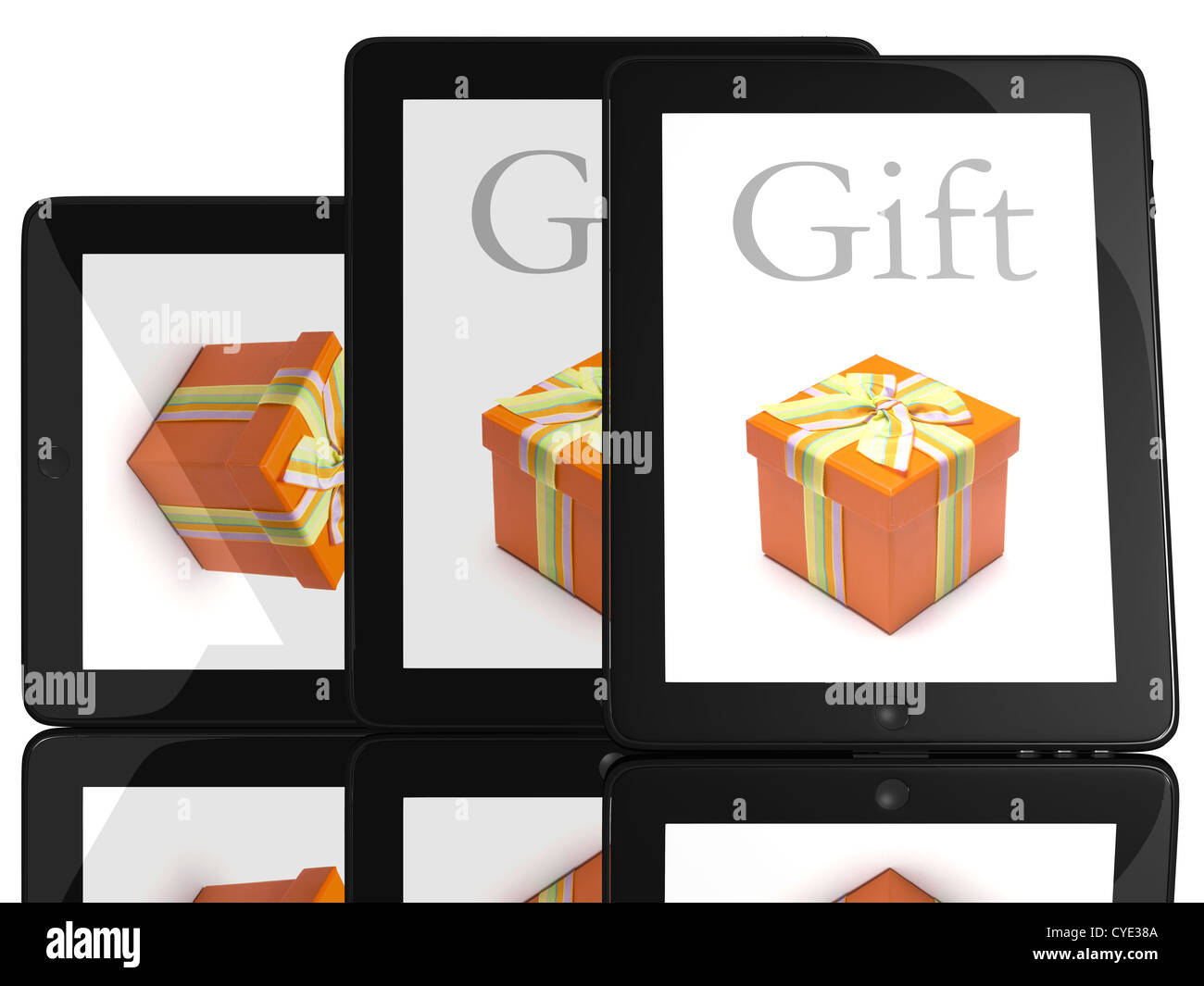 Gift on screen of Tablet computer 3D Stock Photo - Alamy