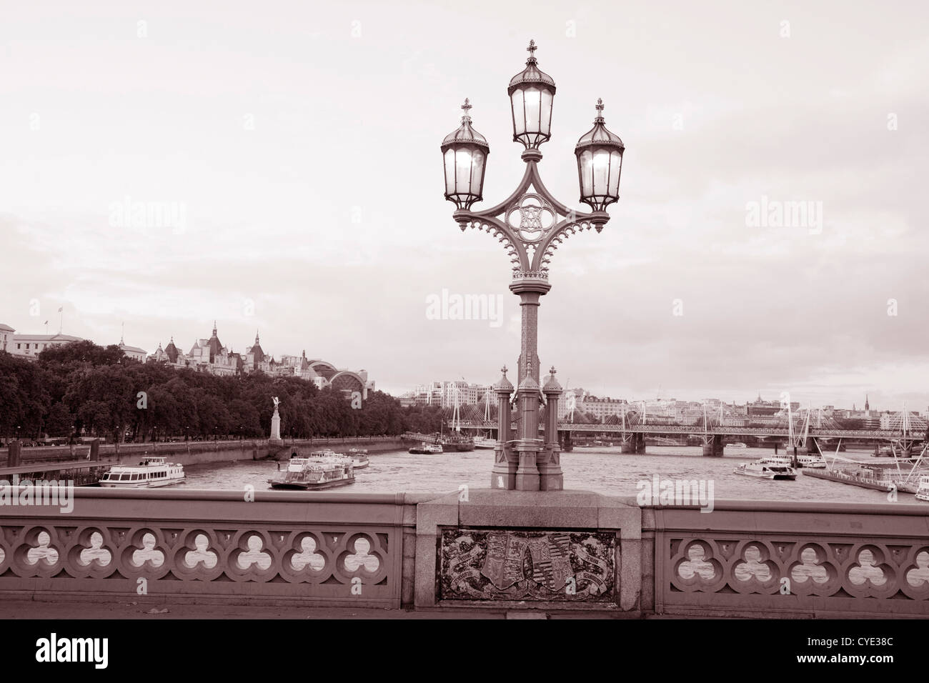 Westminster Bridge Lamppost; London in Black and White Sepia Tone Stock ...