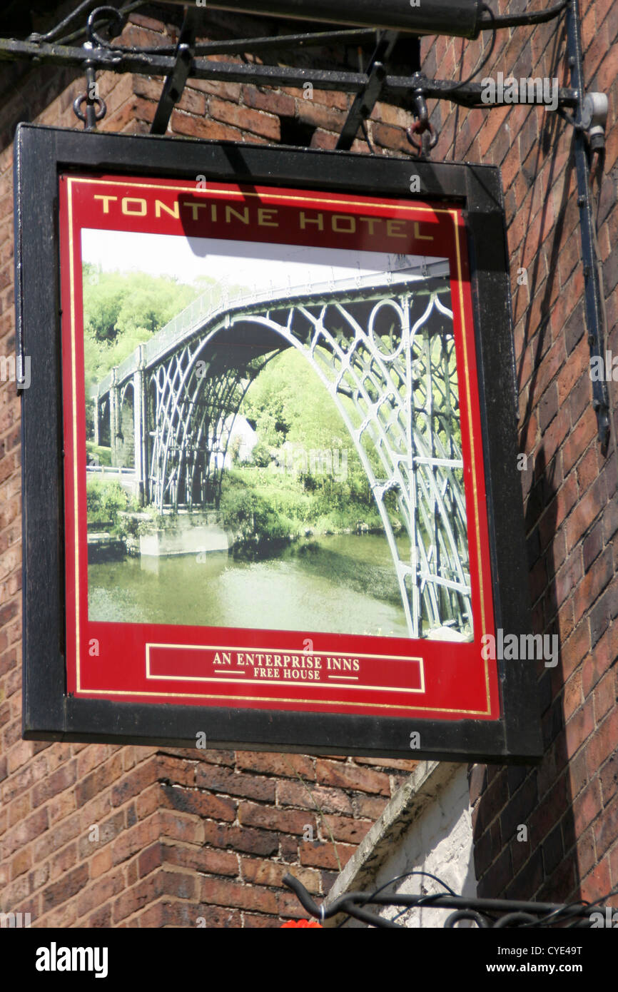 Tontine Inn sign with bridge Ironbridge Shropshire England UK Stock ...