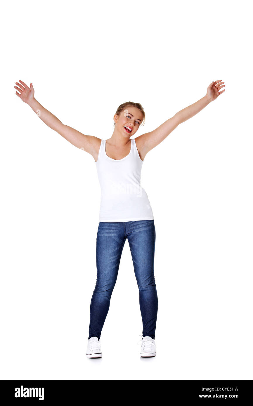 Teen girl with her hands up Stock Photo - Alamy