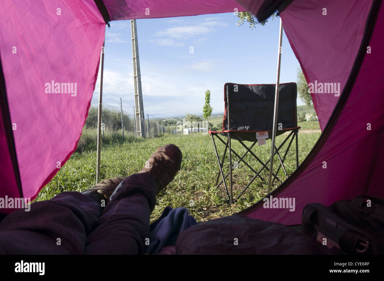 view from inside a camping tent Stock Photo - Alamy