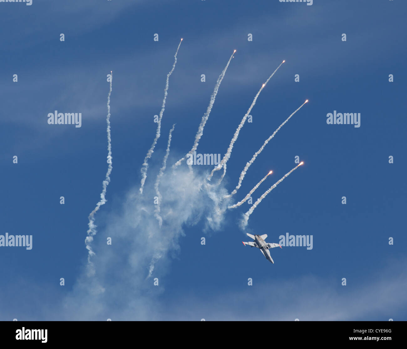 F/A-18 Hornet fighter of the Finnish Air Force releasing flares in ...
