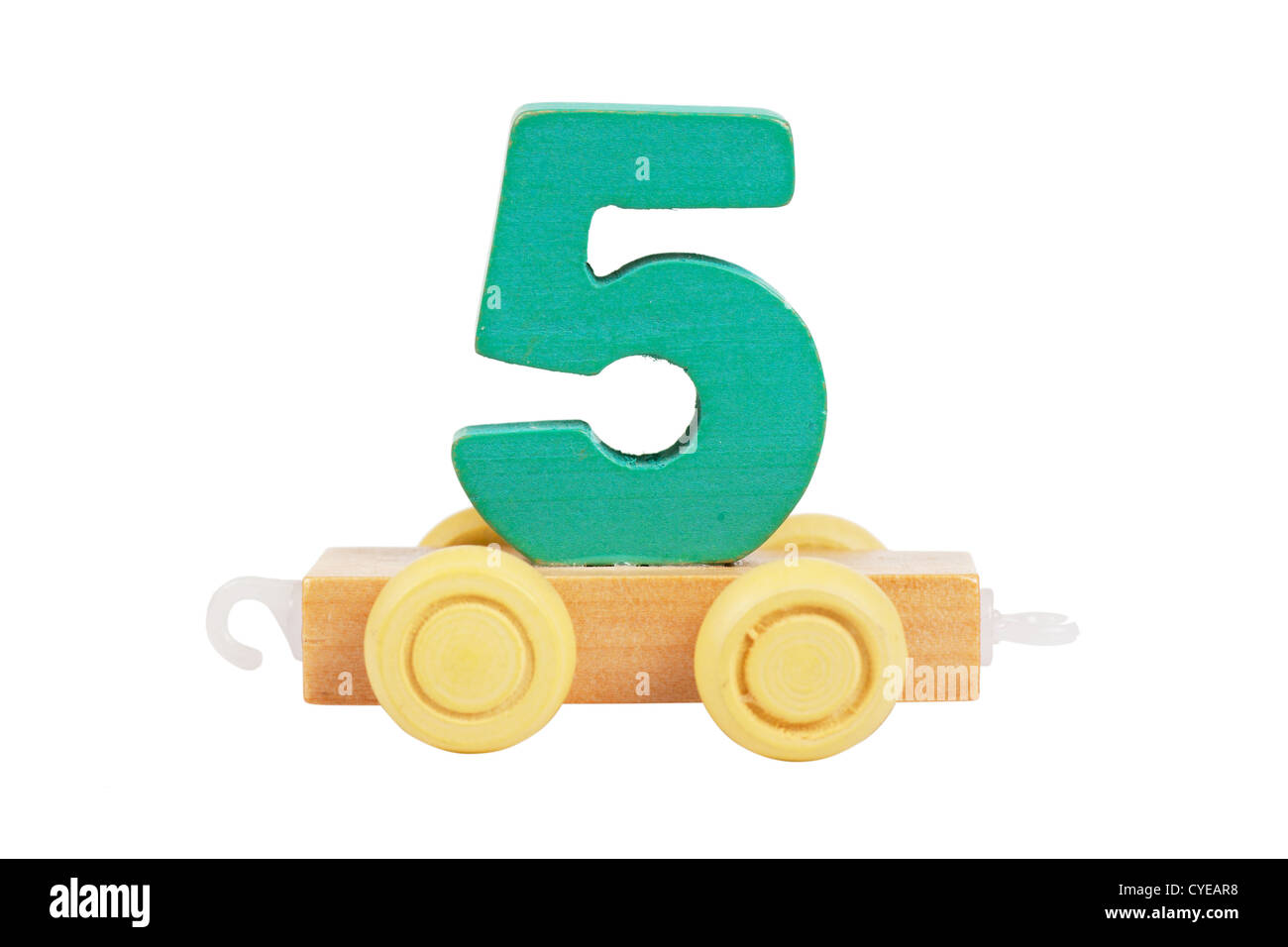 Wooden toy on a wheels number 5 isolated over white Stock Photo - Alamy