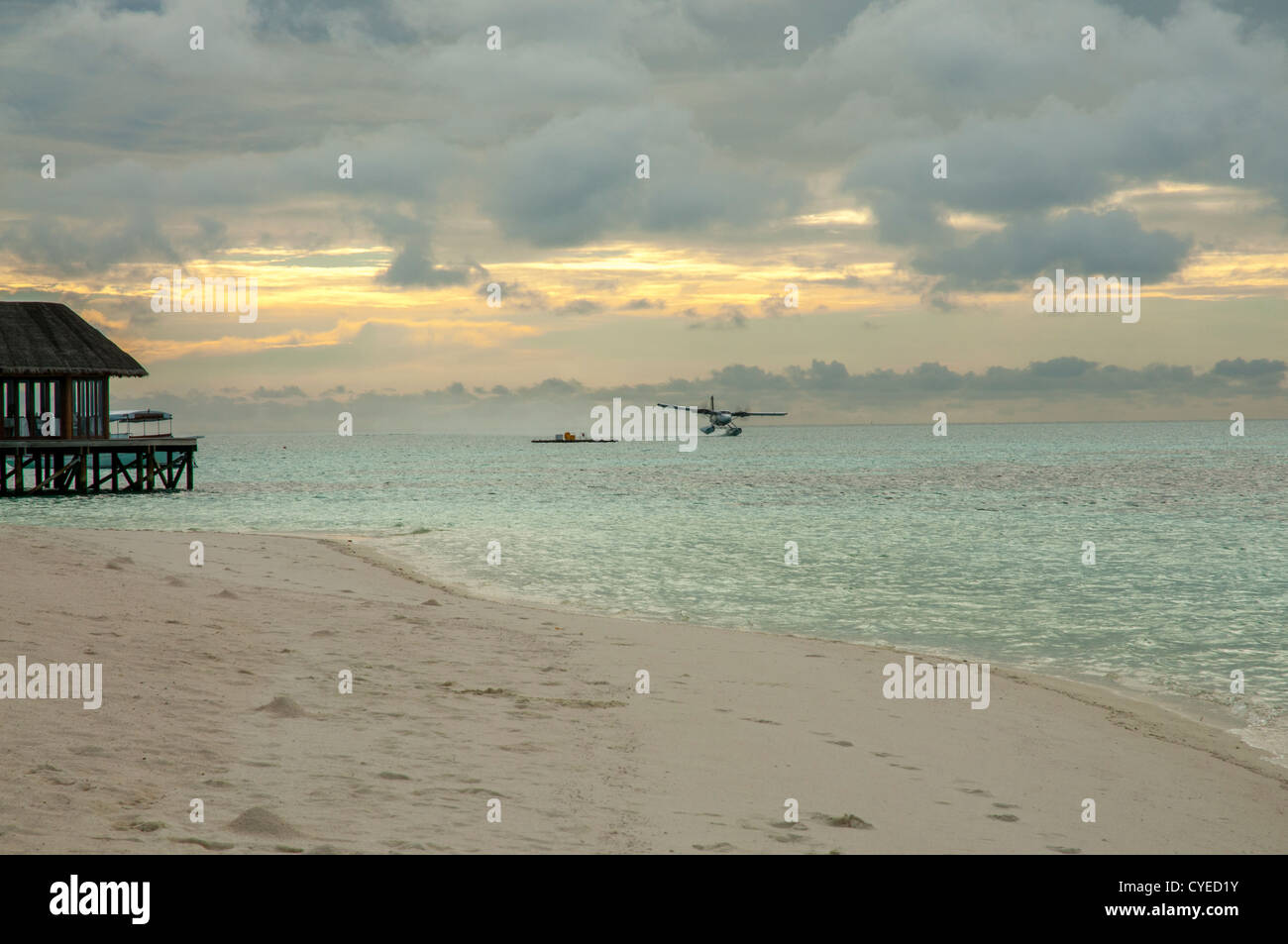 Seaplane taking off at sunset, Maldives Stock Photo - Alamy