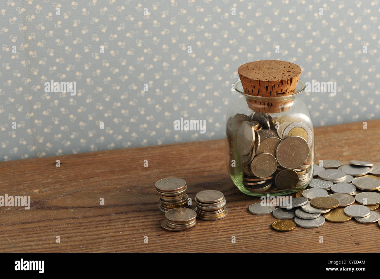 old coins on the wooden table Stock Photo - Alamy