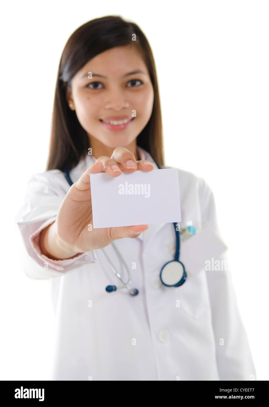 Medical doctor showing business card sign, blank with copy space for ...